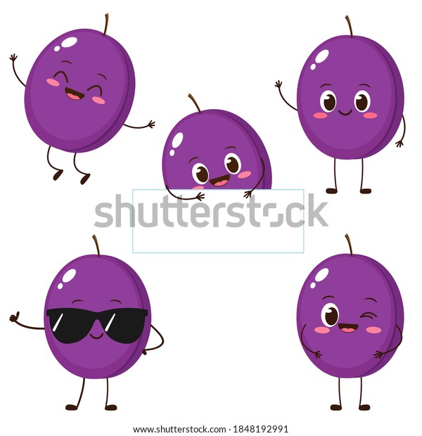 Cute Happy Plum Character Set Funny Stock Vector (Royalty Free ...