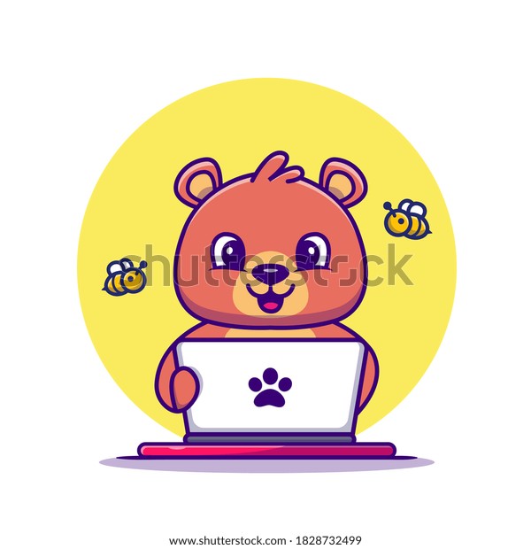 Cute Honey Bear Operating Laptop Cartoon Stock Vector (Royalty Free ...