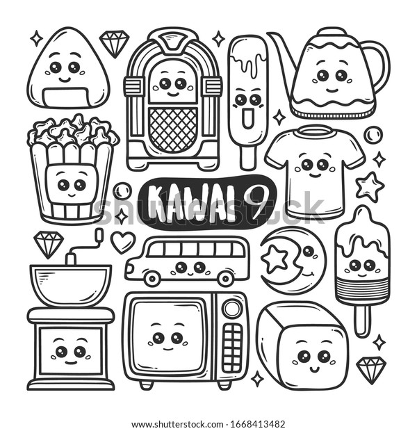 Cute Icons Hand Drawn Doodle Coloring Stock Vector (Royalty Free ...