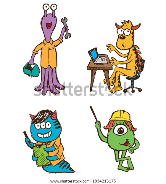 Cute Illustration Monster Construction Theme Concept Stock Vector ...