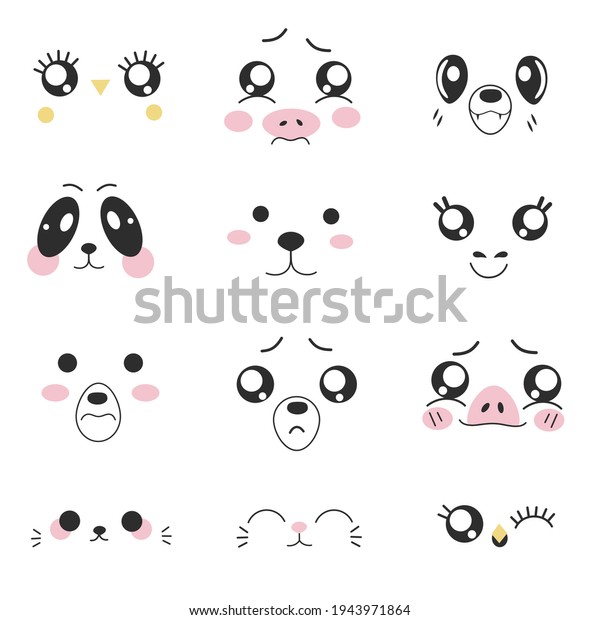 Cute Kawaii Animals Faces Isolated On Stock Vector (Royalty Free ...