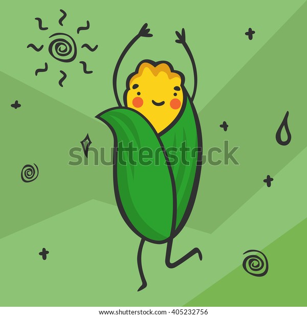 Cute Kawaii Cartoon Corn Smiling Dancing: vector de stock (libre de ...