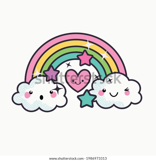 Cute Kawaii Clouds Rainbow Stock Vector (Royalty Free) 1986973313 ...
