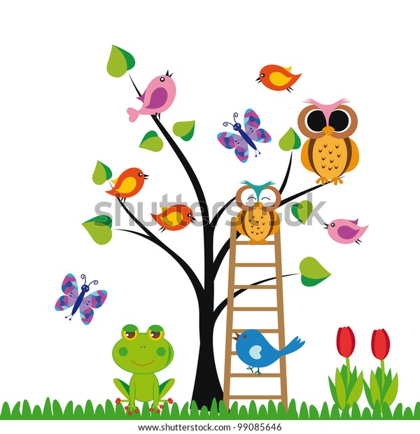 Cute kids background with trees and birds