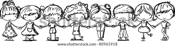 Cute Kids Holding Hands Black White 库存矢量图（免版税）80965918 | Shutterstock