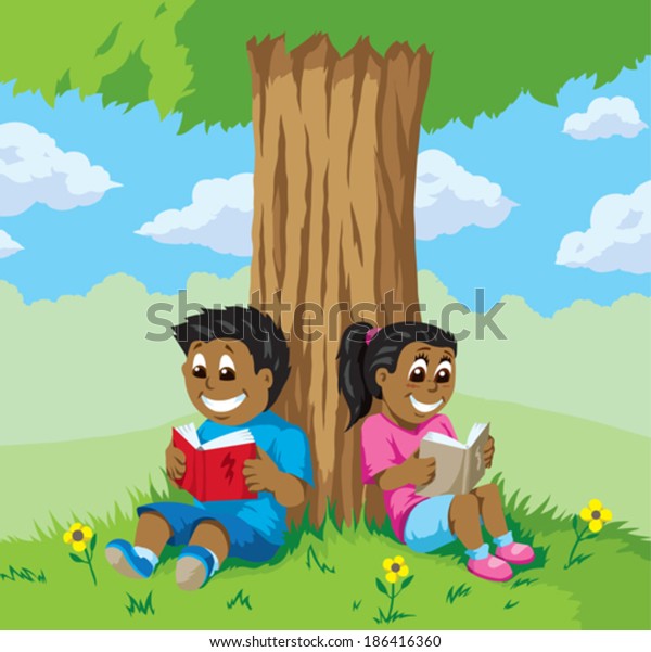 Cute Kids Reading Under Tree Stock Vector (Royalty Free) 186416360 ...
