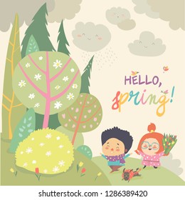 Cute Kids Running Spring Forest Hello Stock Vector (Royalty Free ...