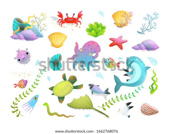 Cute Kids Sea Creatures Animals Set Stock Vector (Royalty Free ...
