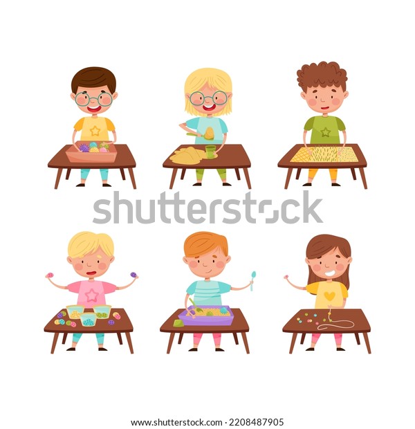 Cute Kids Standing Table Playing Sand Stock Vector (Royalty Free ...