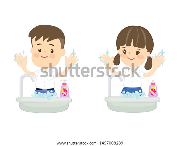 Cute Kids Washing Hands Vector Stock Vector (Royalty Free) 1457008289