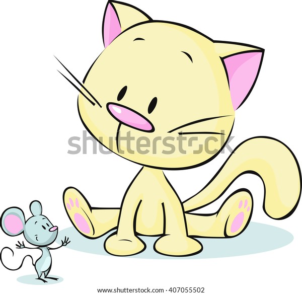Cute Kitten Sitting Staring Mouse Cartoon Stock Vector (Royalty Free ...