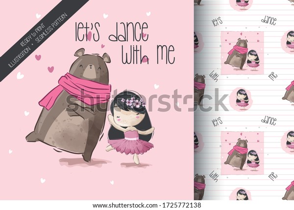 Cute little bear dancing with ballerina illustration for kids