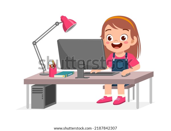 Cute Little Kid Use Computer Study Stock Vector (Royalty Free ...