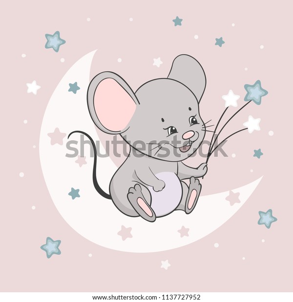 Cute little mouse on the moon. Sweet dreams vector illustration for kids