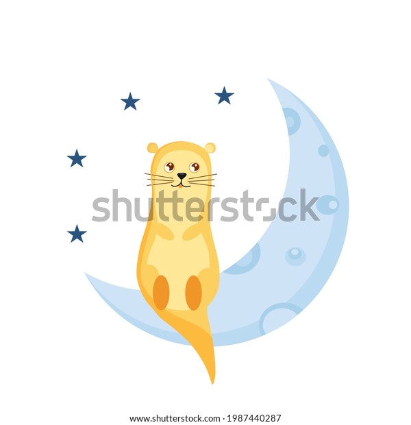 Cute Little Otter Sits On Moon Stock Vector (Royalty Free) 1987440287 ...