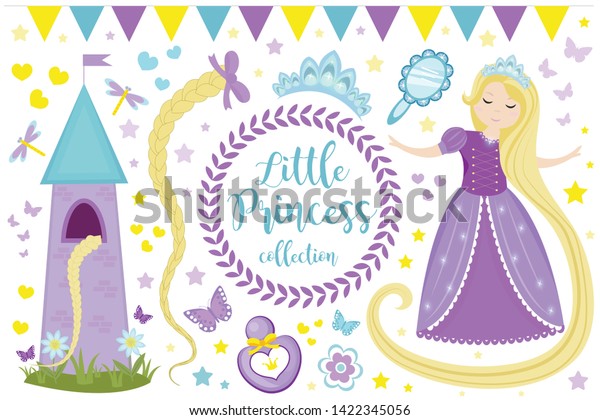 Cute Little Princess Rapunzel Set Objects Stock Vector (Royalty Free ...