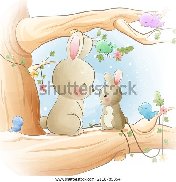 Cute Little Rabbit Climbing Tree Birds Stock Vector (Royalty Free ...