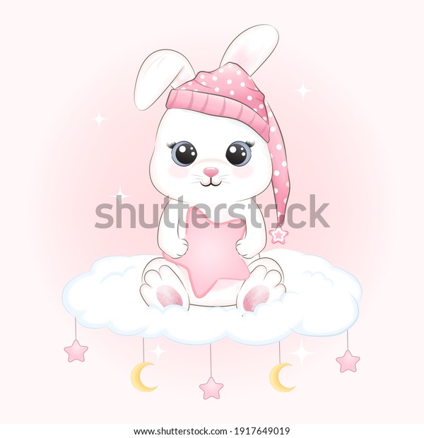 Cute Little Rabbit On Cloud Hand Stock Vector (Royalty Free) 1917649019 ...