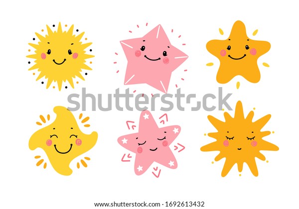 Cute Little Stars Vector Set. Doodle Kawaii Star Icons for Kids Fashion ...