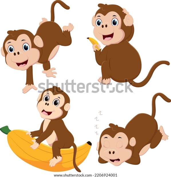 Cute Monkey Cartoon Set Isolated On Stock Vector (Royalty Free ...