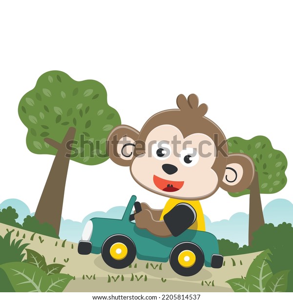 Cute Monkey Driving Car Go Forest Stock Vector (Royalty Free ...