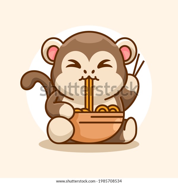 Cute Monkey Eat Ramen Noodle Cartoon Stock Vector (Royalty Free ...