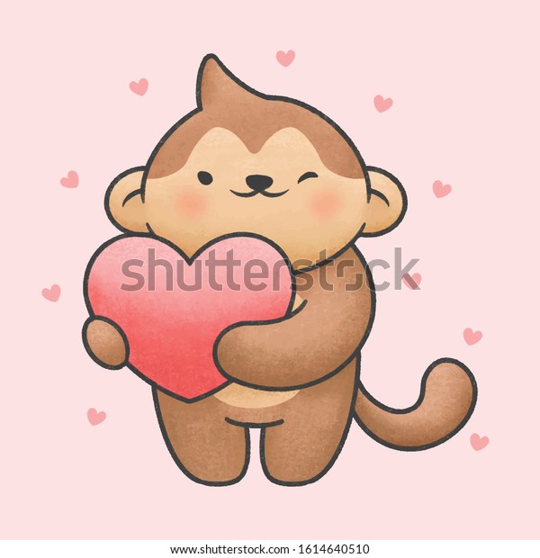 Cute Monkey Holding Heart Hand Drawn Stock Vector (Royalty Free ...