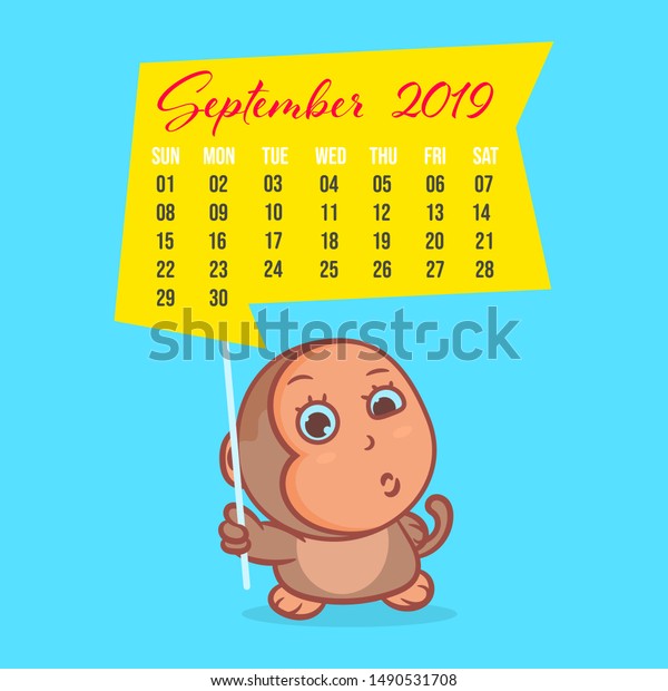 Cute Monkey September Calendar 2019 Vector Stock Vector (Royalty Free ...