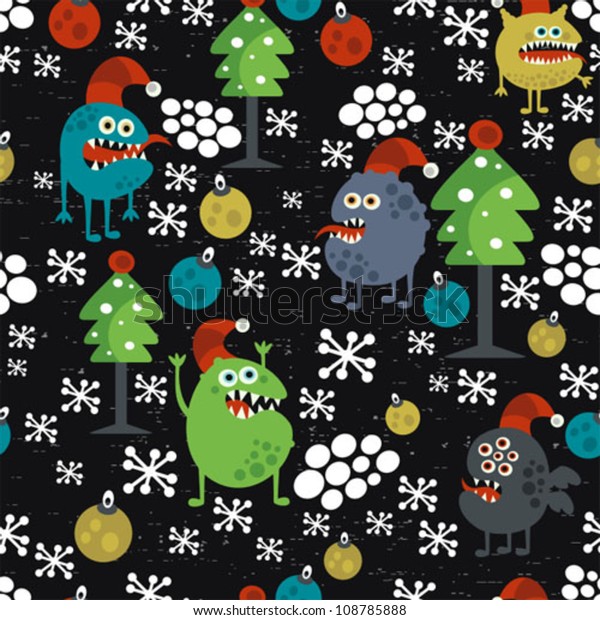 Cute Monsters Christmas Seamless Pattern Vector : image vectorielle de ...