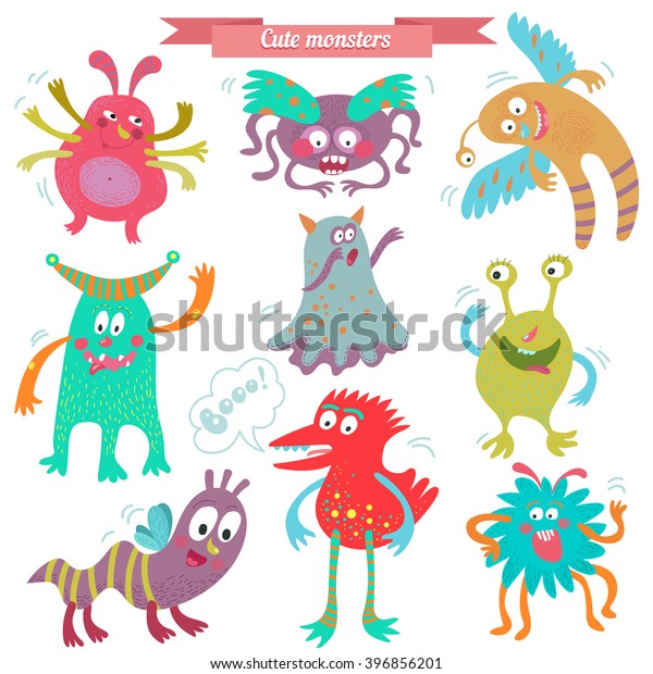 Cute Monsters Nice Monster Set Children: vector de stock (libre de ...