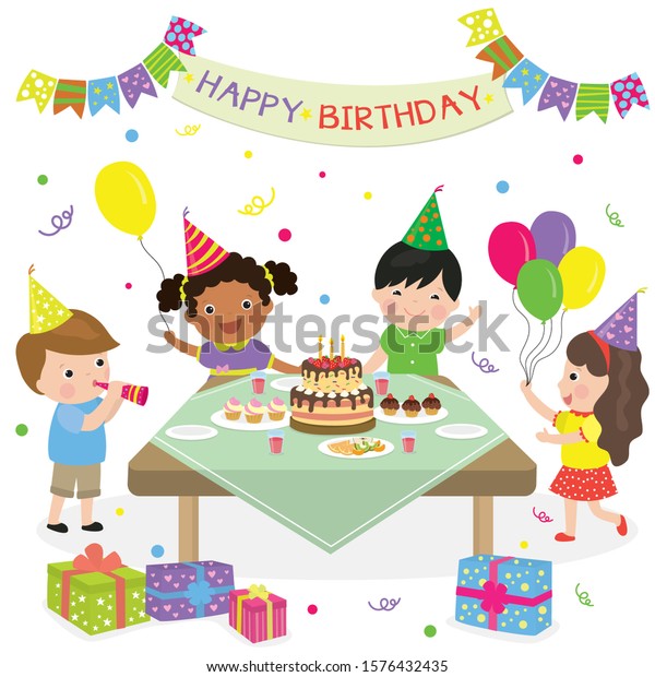 Cute Multiethnic Children Celebrating Cartoon Kids: vector de stock ...