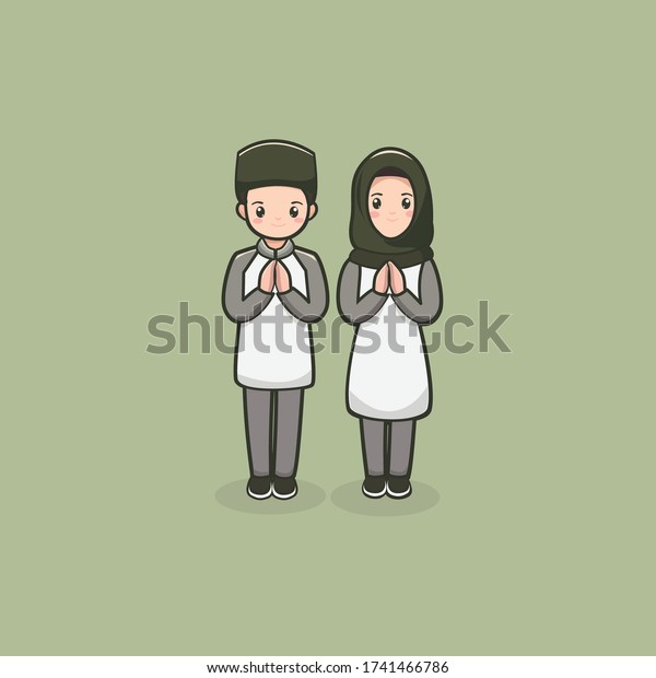 Cute Muslim Characters Flat Cartoon Style Stock Vector (Royalty Free ...