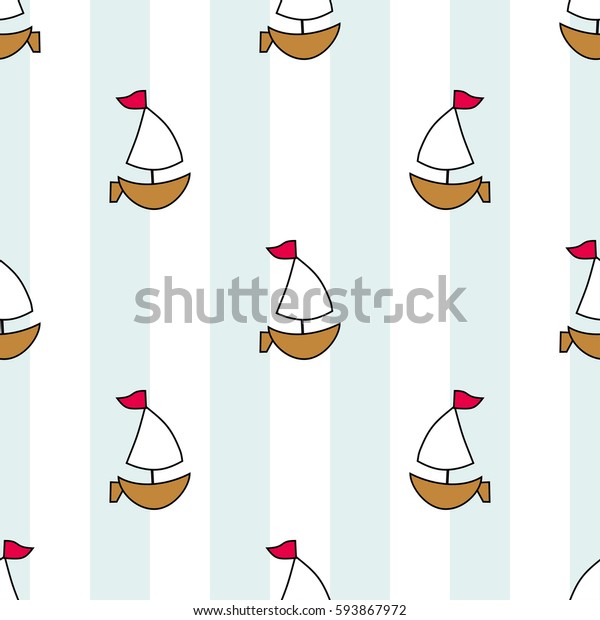 Cute Nautical Sailboats On Background Stripes Stock Vector (Royalty ...