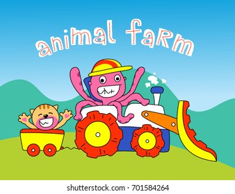 Cute Octopus Ride Tractor Cat Vector Stock Vector (Royalty Free ...