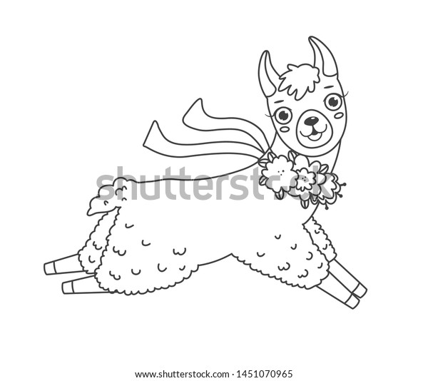 Cute Outline Doodle Jumping Lama Hand Stock Vector (Royalty Free ...