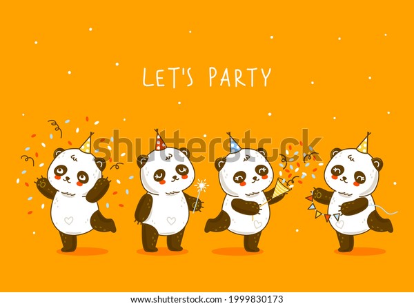 Cute Panda Bears Border On Orange Stock Vector (Royalty Free ...