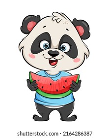 Cute Panda Eating Watermelon Cheerful Cartoon Stock Vector (Royalty ...