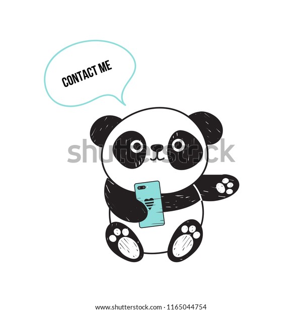 The cute panda is holding a blue smartphone. Panda with a phone ...