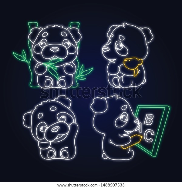 Cute Panda Kawaii Neon Light Characters Stock Vector (Royalty Free ...