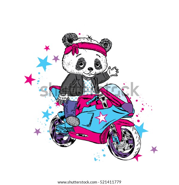 Cute Panda On Motorcycle Panda Biker Stock Vector (Royalty Free) 521411779