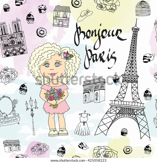 Cute Paris Girl Seamless Pattern Stock Vector (Royalty Free) 425058223