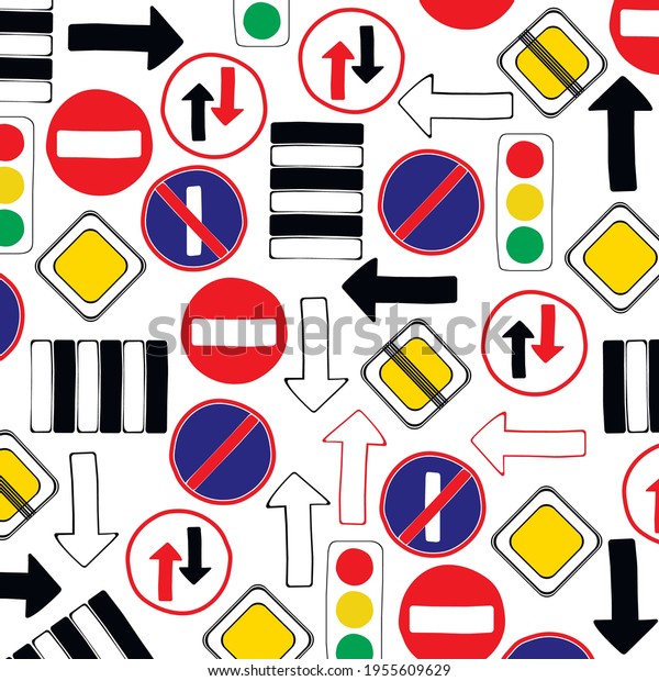Cute Pattern Road Signs Traffic Lights Stock Vector (Royalty Free ...