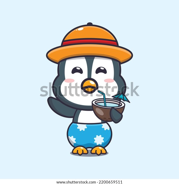 Cute Penguin Drink Coconut Cartoon Illustration Stock Vector (Royalty ...