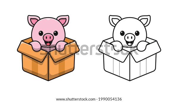 Vektor Stok Cute Pig Box Cartoon Coloring Pages (Tanpa Royalti ...