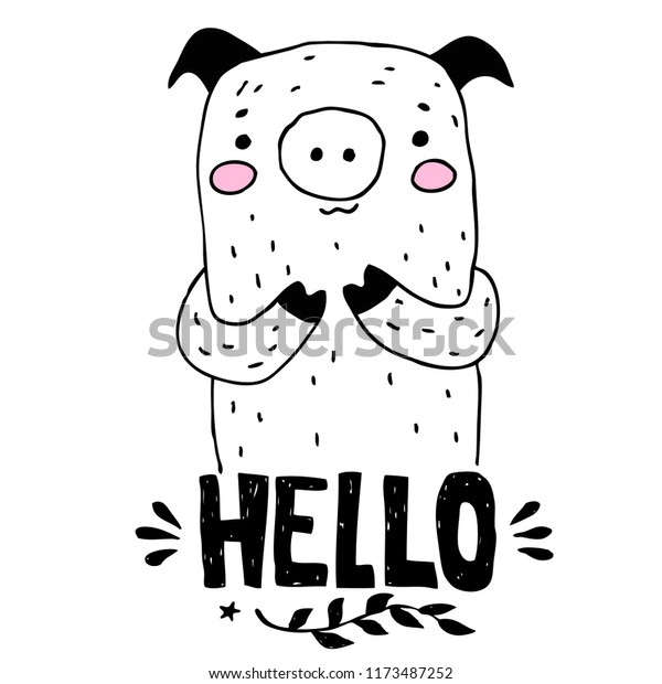 Cute Pig Hand Drawn Lettering Hello Stock Vector (Royalty Free ...