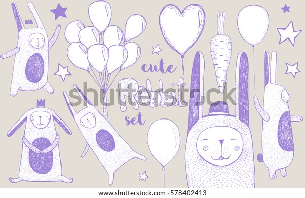 Cute Pink Rabbit Balloons Set Hand Stock Vector (Royalty Free ...