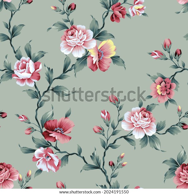 Cute Pink Vector Flowers Green Leaves Stock Vector (Royalty Free ...