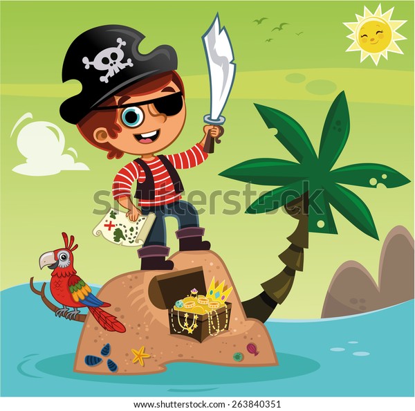 Cute Pirate Boy His Treasure Stock Vector (Royalty Free) 263840351