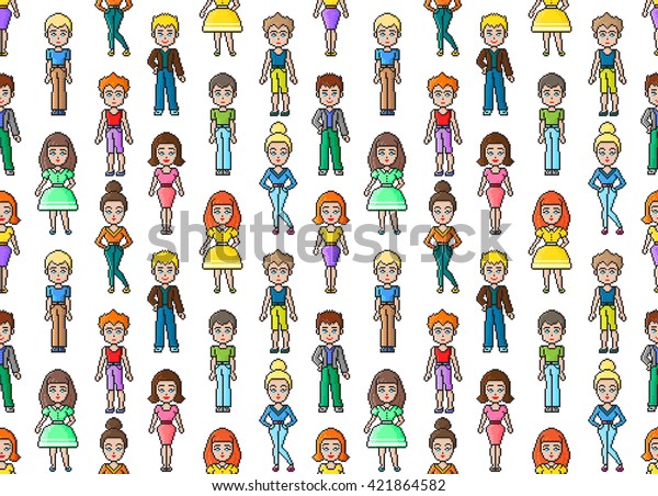 Cute Pixel Art People Character Seamless Stock Vector (Royalty Free ...