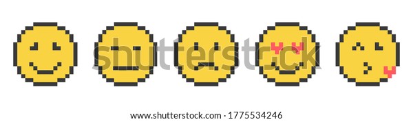 Cute pixel emoticons. Set of Emoji. Smile icons. Pixel art vector ...